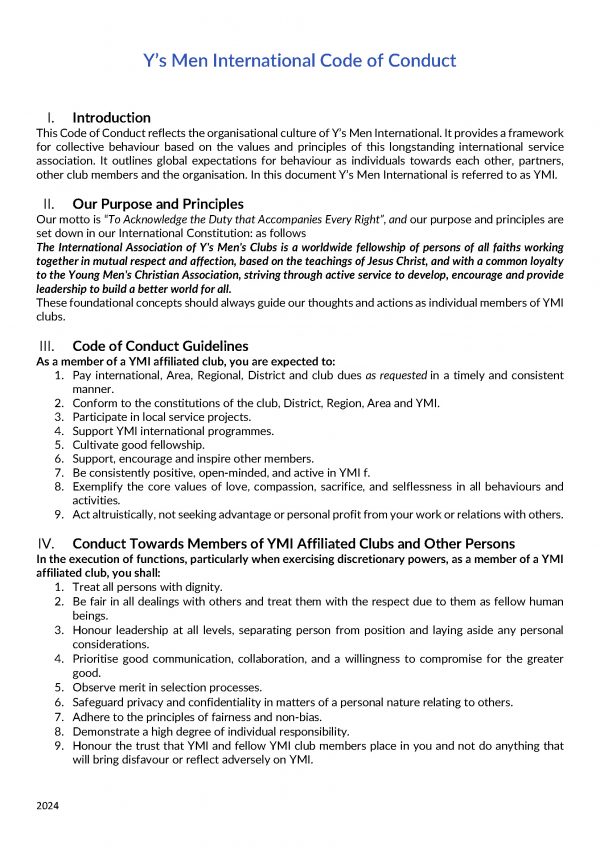 Code of Conduct | Y's Men International
